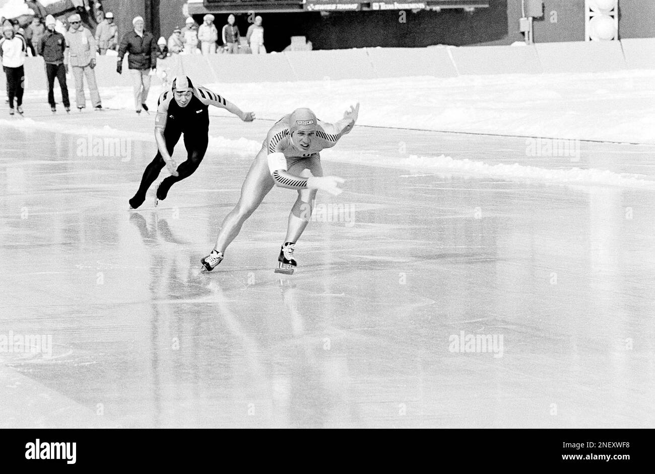 U.S. Speed skater Daniel Immerfall of Madison, Wisc., USA, is followed by Kaoru Fukuda, of Japan ...