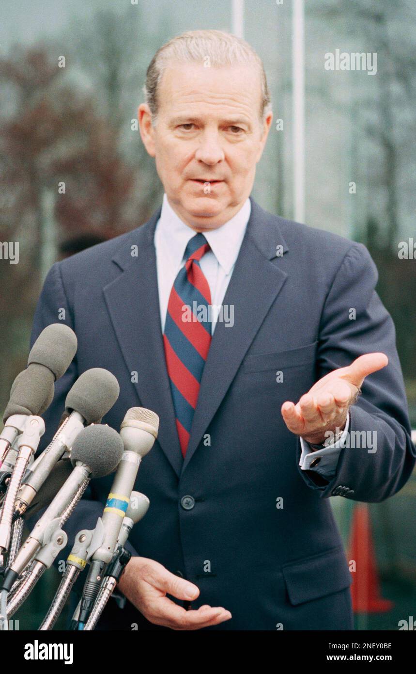 Secretary of State James A. Baker III speaks with the press after an ...