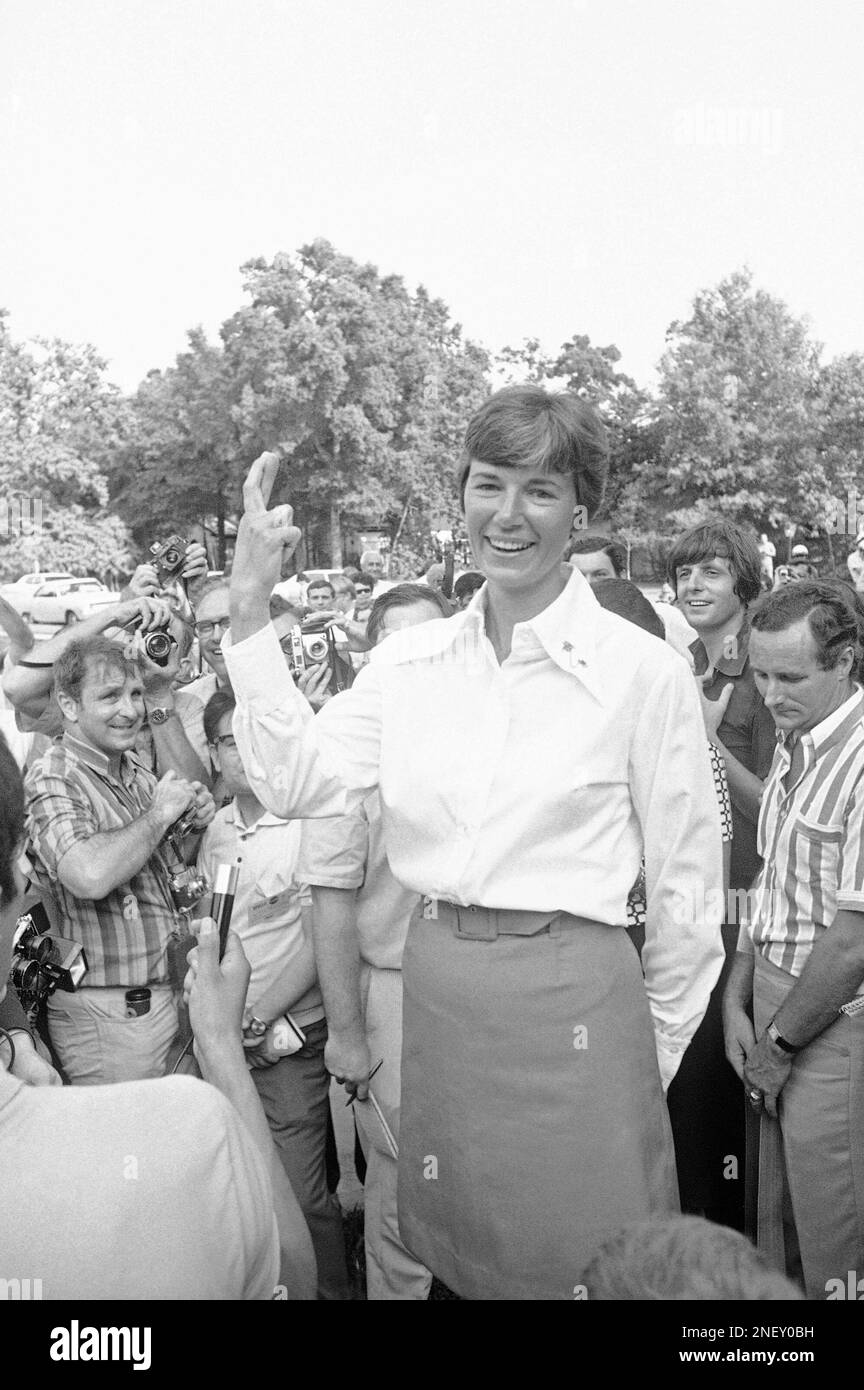 Mrs. Jan Armstrong, wife of Apollo 11 spaceflight commander, gives the ...