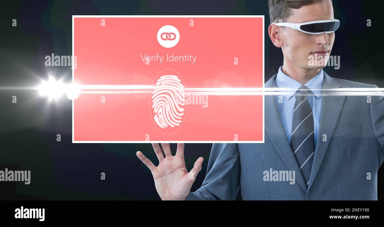 Composition of businessman with vr glasses touching screen with ...