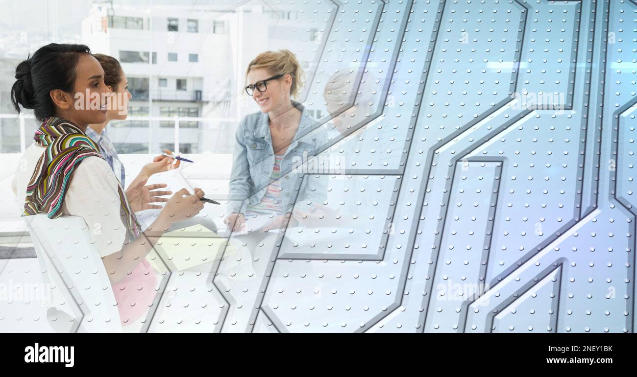 Composition of happy diverse business team in meeting over interface ...