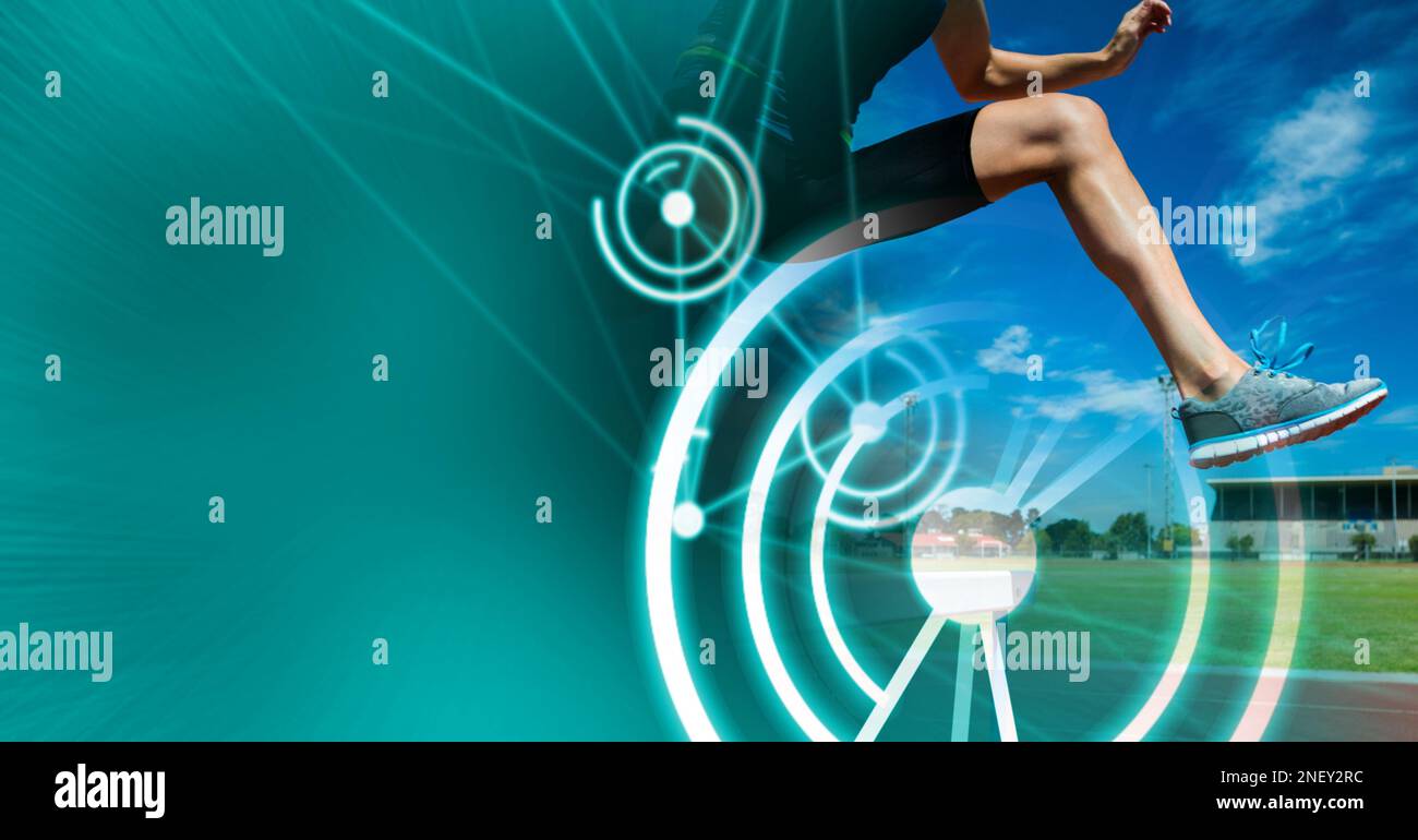 Composition of male athlete hurdle jumping with copy space, network of ...