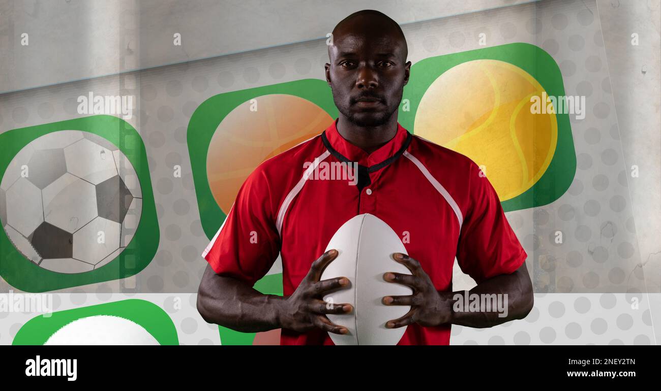 Composition of african american male rugby player holding ball over ...