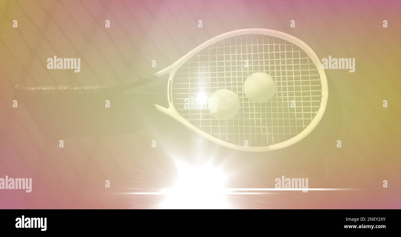 Composition of tennis racket and two balls with shadow of net on tinted ...