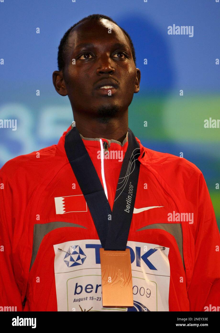 Yusuf Saad Kamel of Bahrain receives the bronze medal for the men's 800 metres during the medal ...