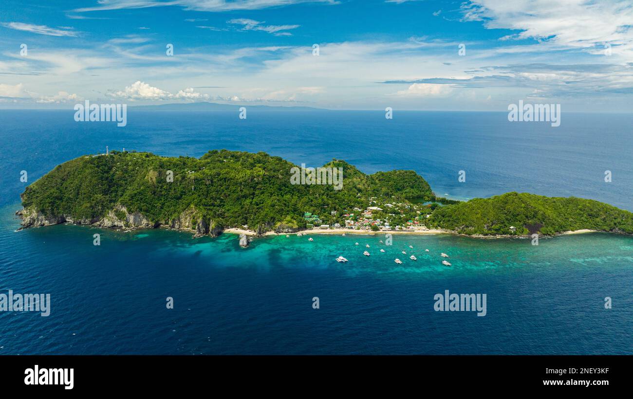 Aerial drone of Apo Island with a beautiful beach and marine reserve ...