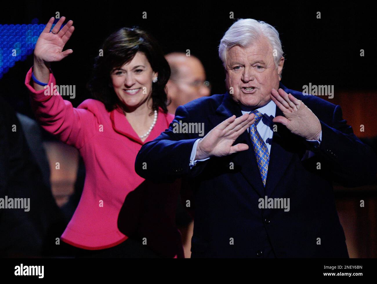Sen. Edward M. Kennedy, D-Mass., and his wife, Victoria Reggie, wave ...