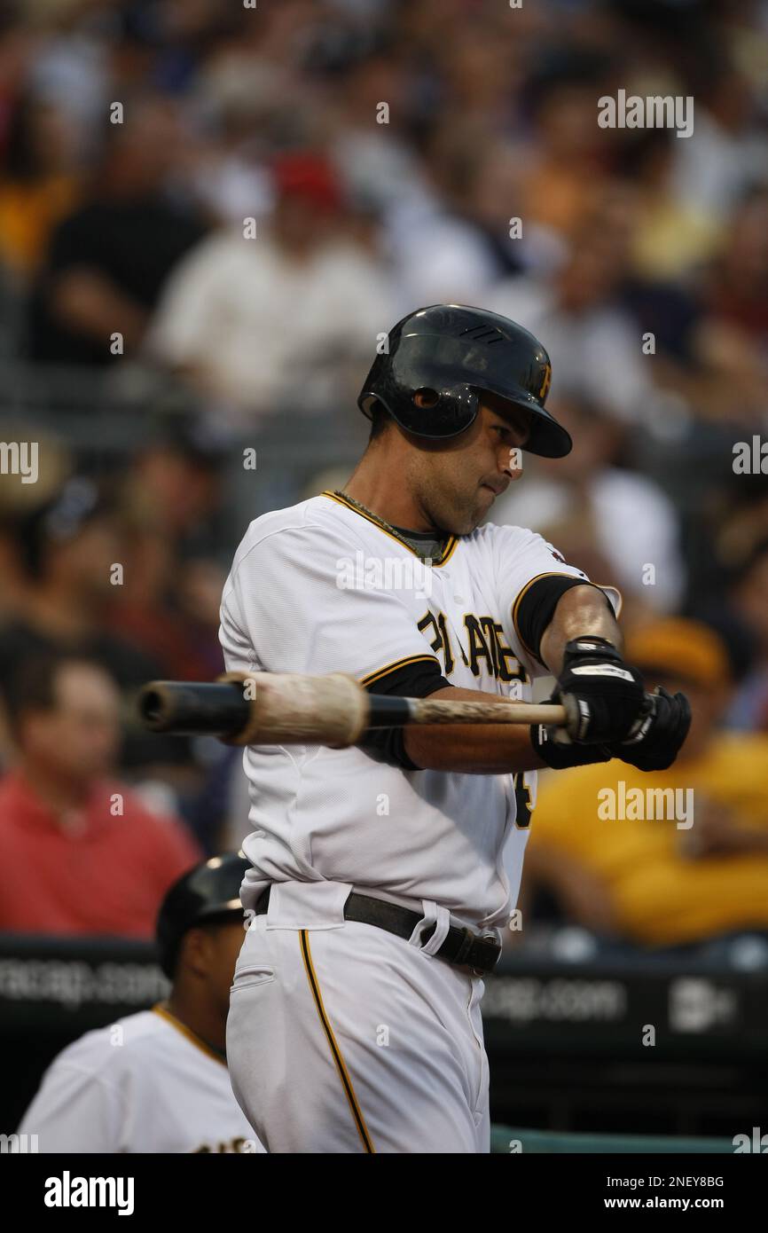 Pittsburgh Pirates' Garrett Jones warms up on deck before he bats ...