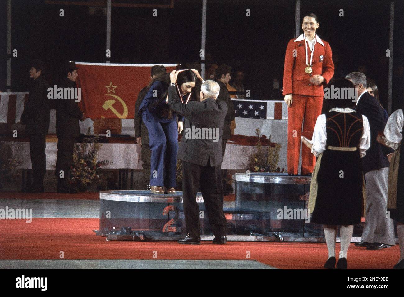 Tatiana Averina, USSR, receiving gold medal in 1000m speed skating on ...