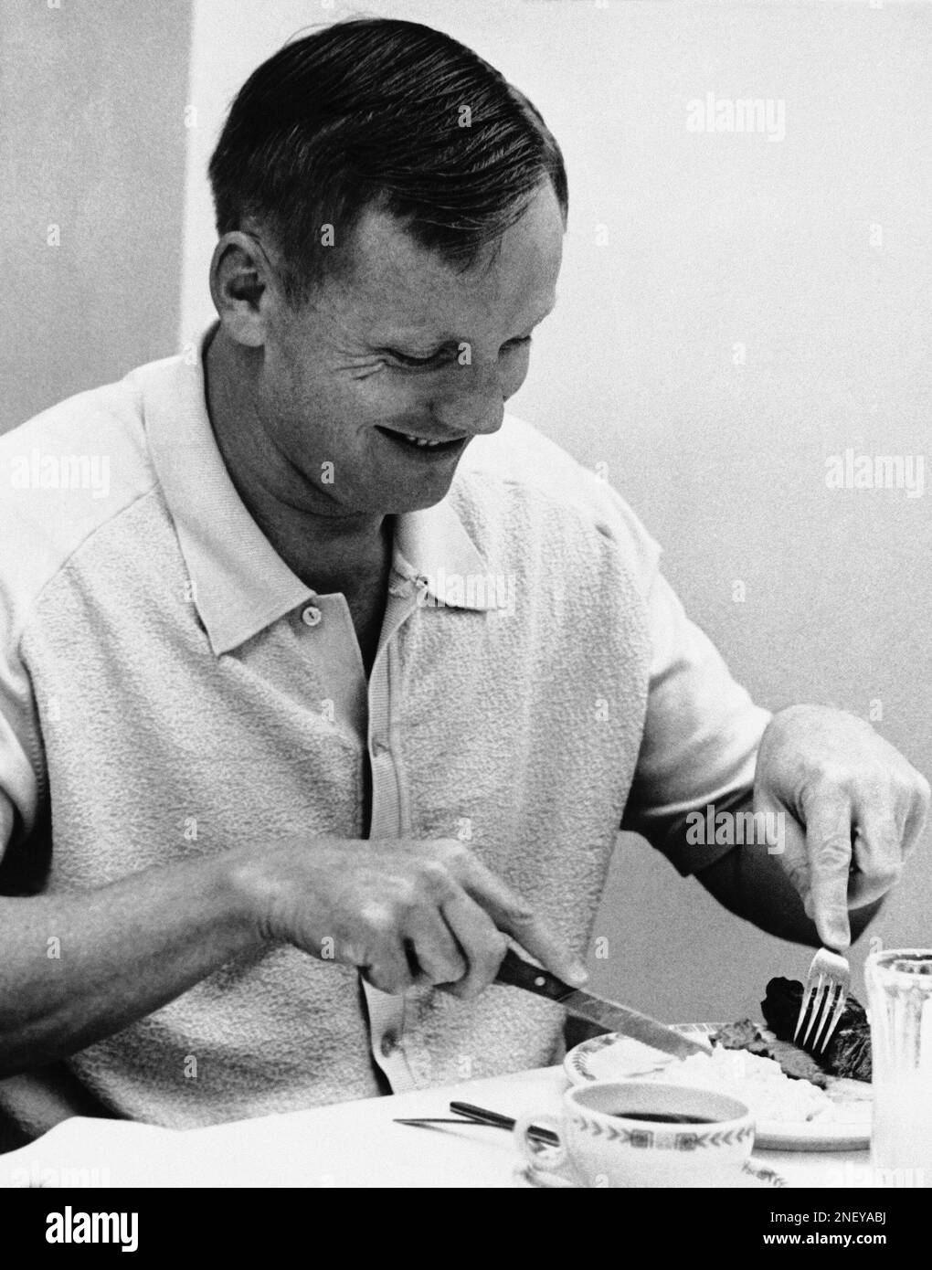 A smiling Neil A. Armstrong, commander of Apollo 11 flight which will ...