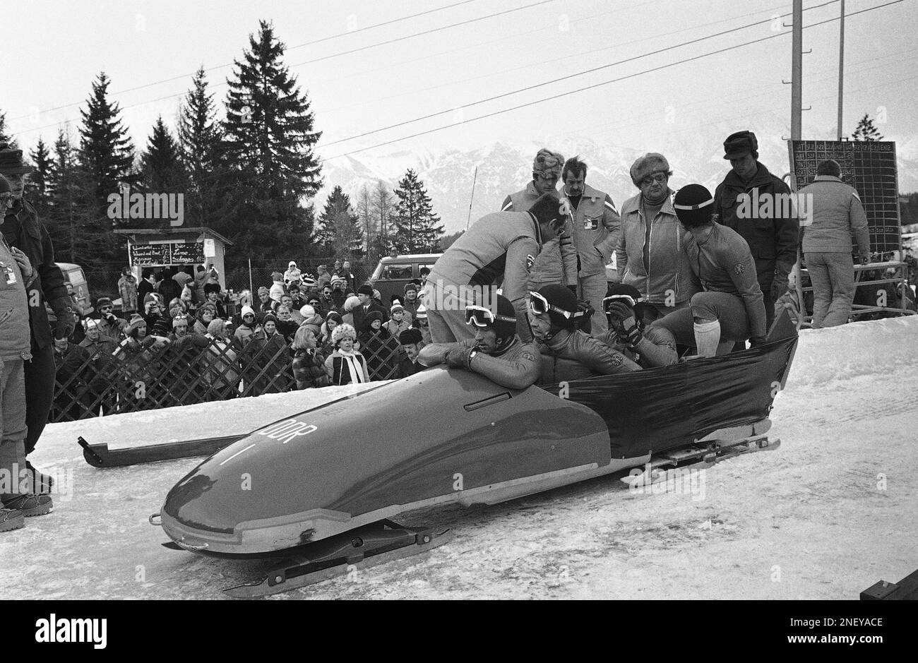 East Germany’s four-seater bobsled team GDR I, Meinhard Nehmer, Joohen ...