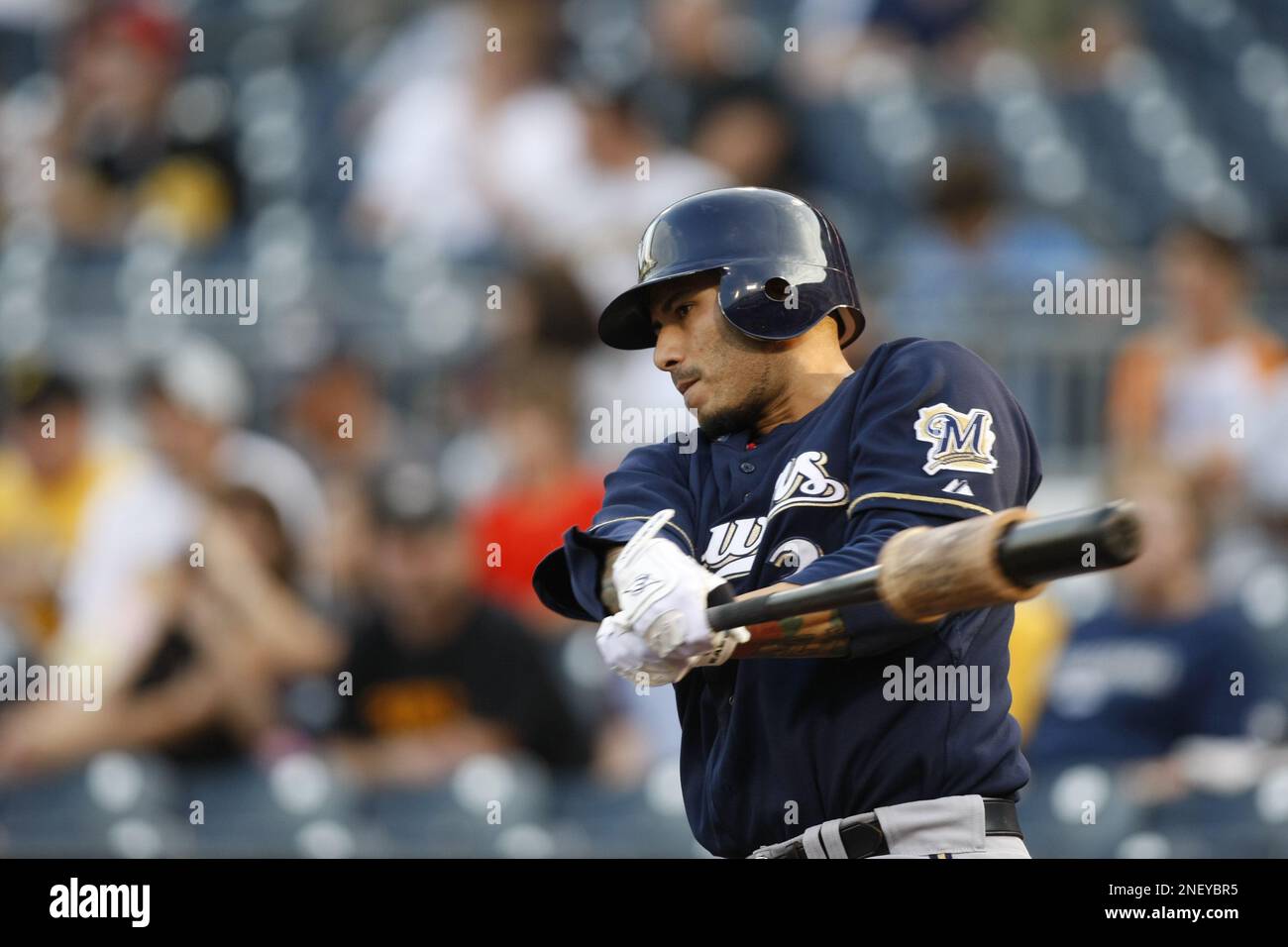 Milwaukee Brewers' Felipe Lopez bats against the Pittsburgh Pirates in ...