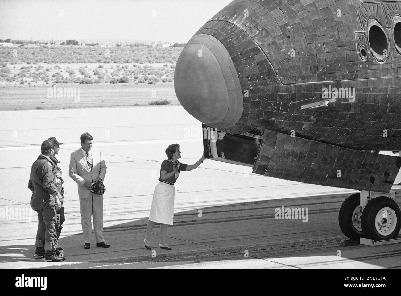 First Lady Nancy Reagan takes a look inside the giant wheelwell of the ...