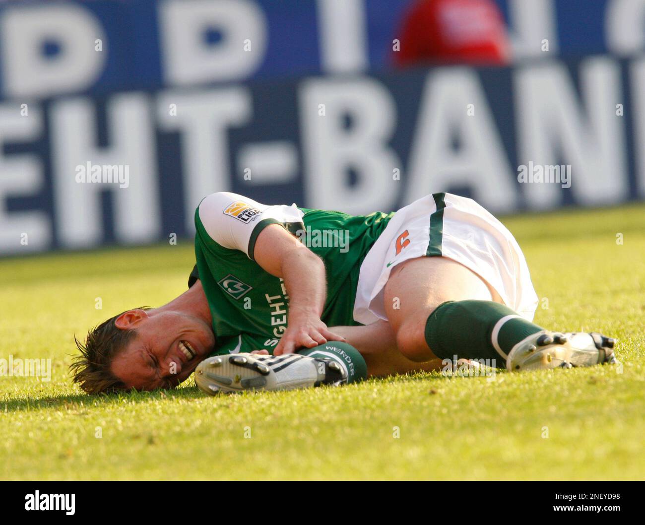 Bremen's Tim Borowski is injured during the German first division ...