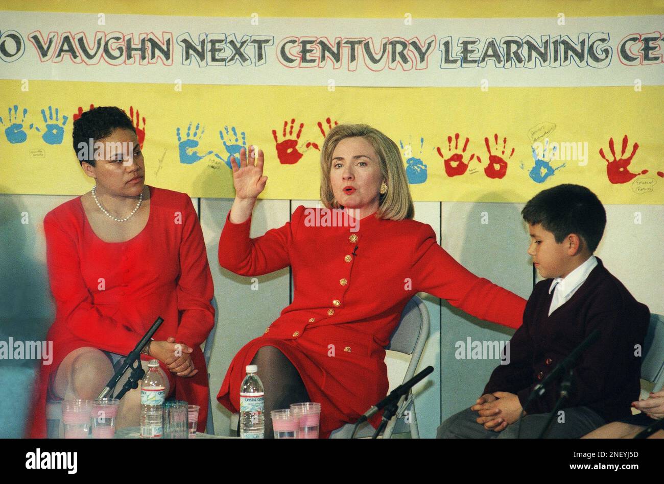 First lady Hillary Rodham Clinton gestures while talking with staff ...