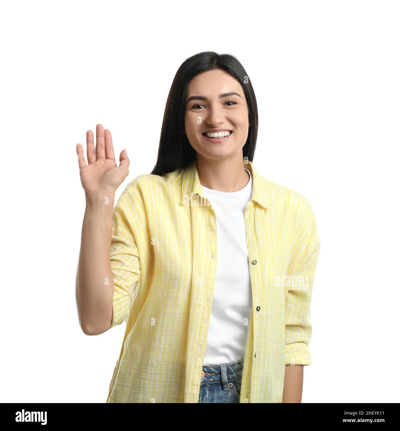 Happy woman waving to say hello on white background Stock Photo - Alamy
