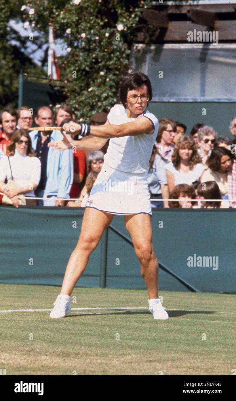Tennis star Billie Jean King is shown in action, unknown date and ...
