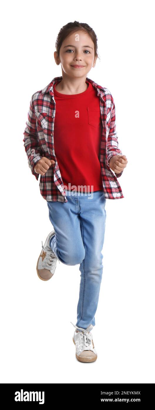 Cute little girl running on white background Stock Photo - Alamy