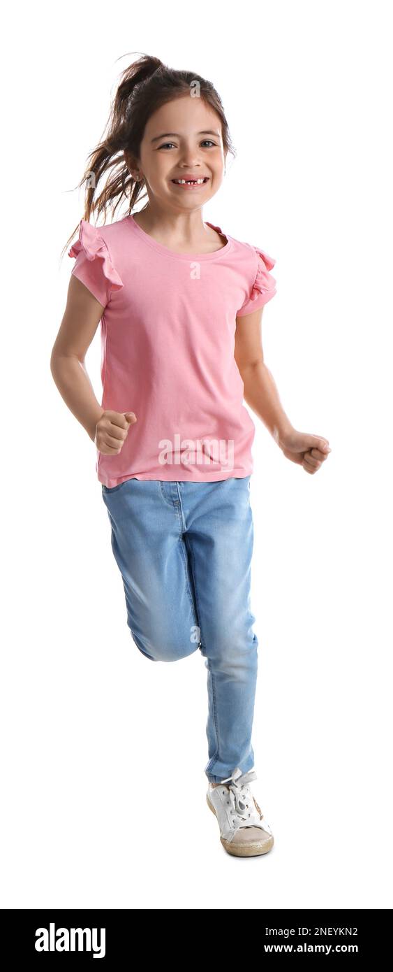 Cute little girl running on white background Stock Photo - Alamy