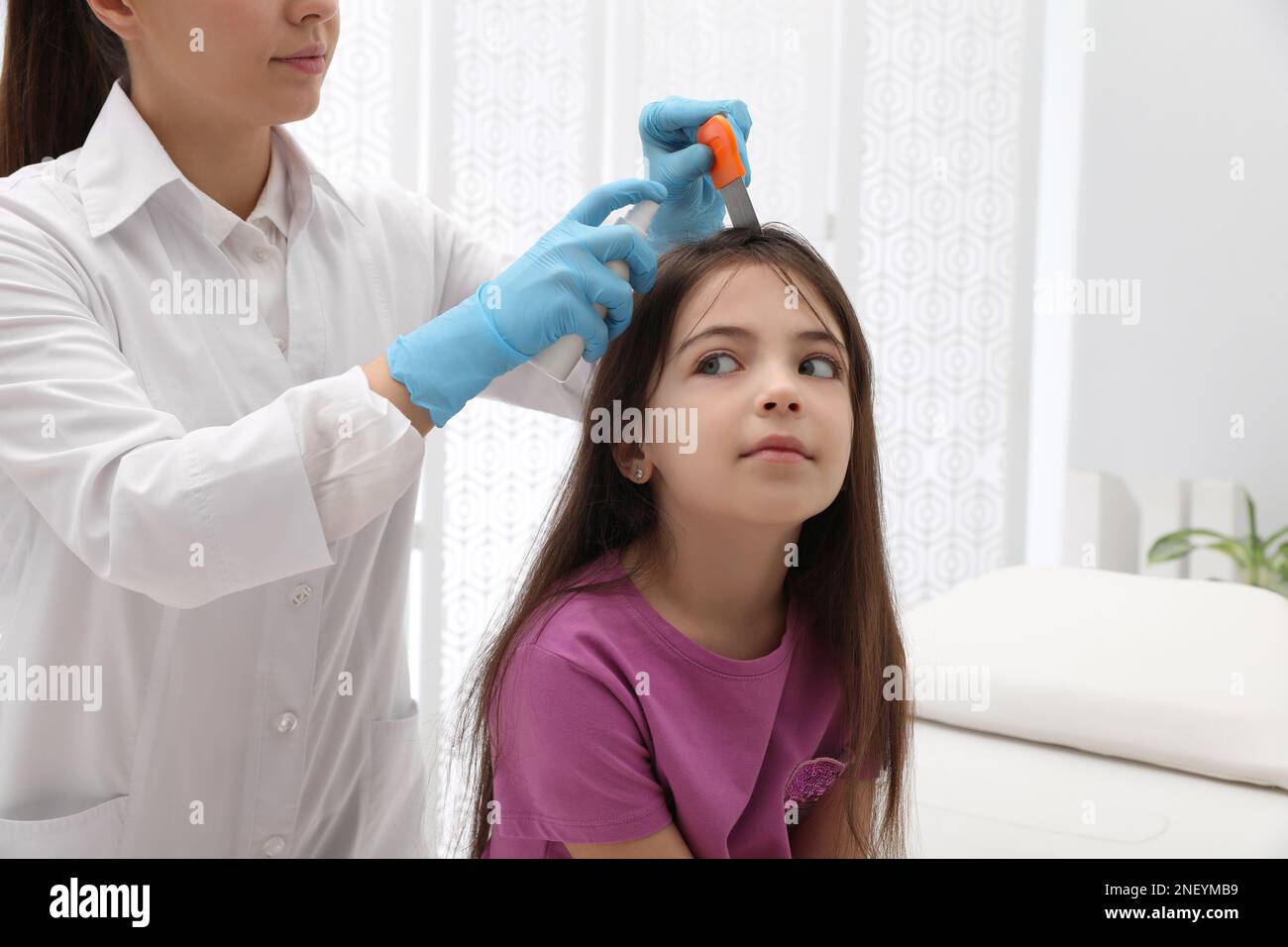 Doctor using nit comb and spray on little girl indoors. Anti lice ...