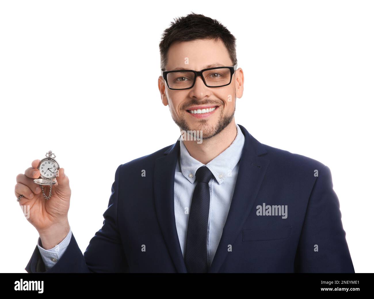 Happy businessman holding pocket watch on white background. Time ...