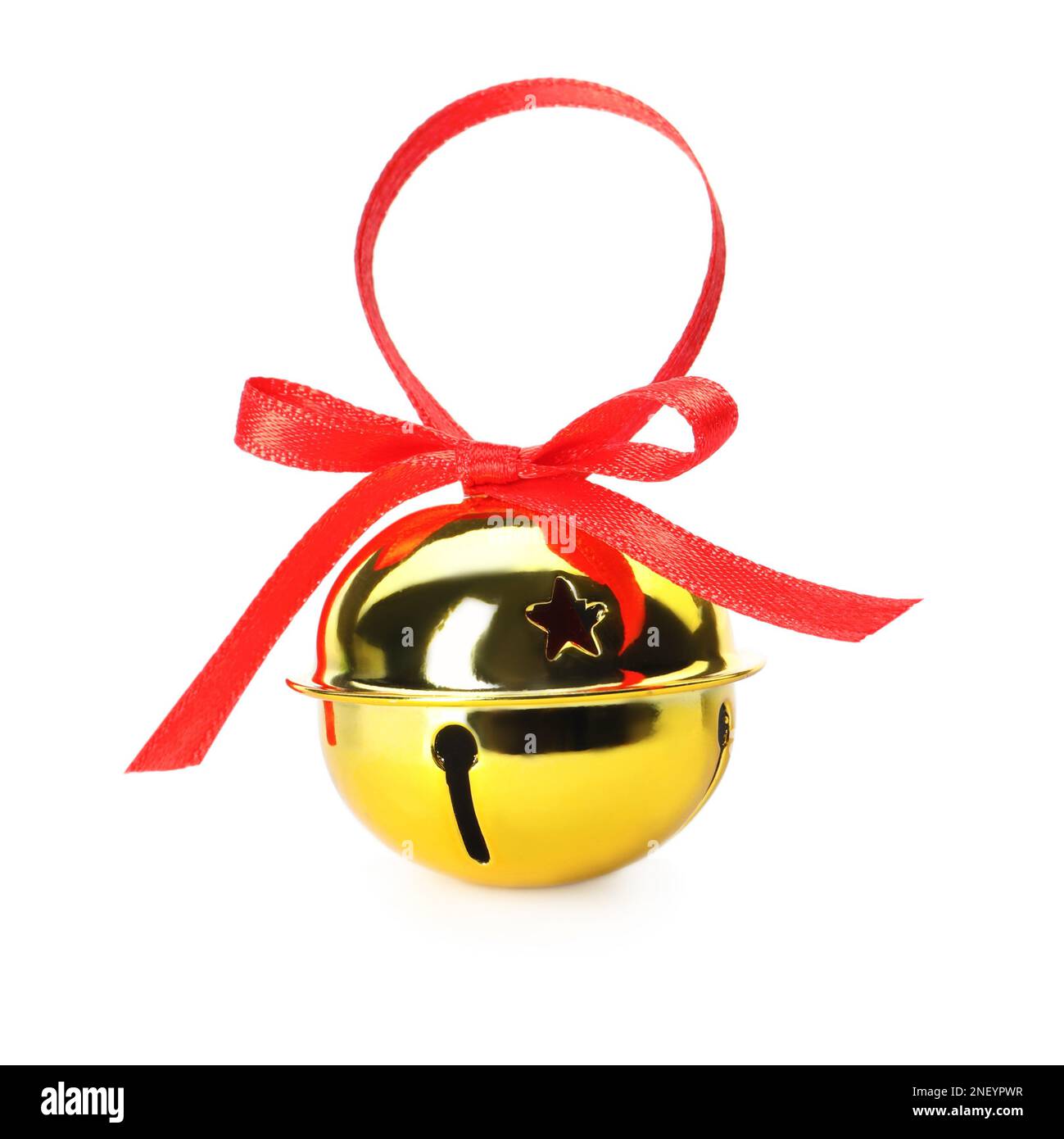 Shiny golden sleigh bell with ribbon isolated on white Stock Photo - Alamy