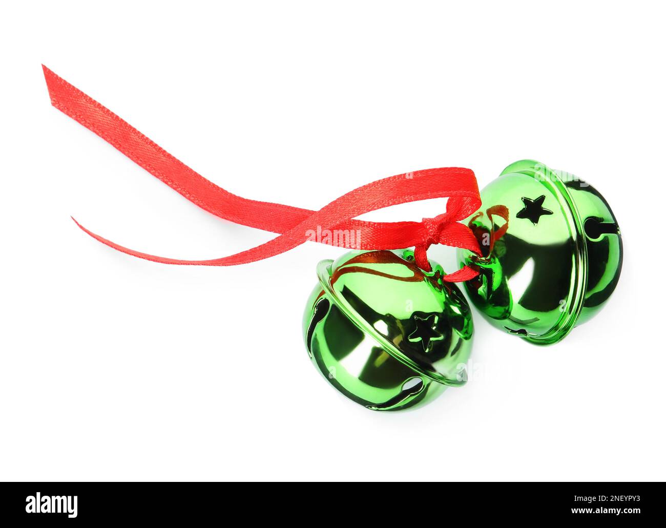 Shiny green sleigh bells with ribbon isolated on white, top view Stock ...
