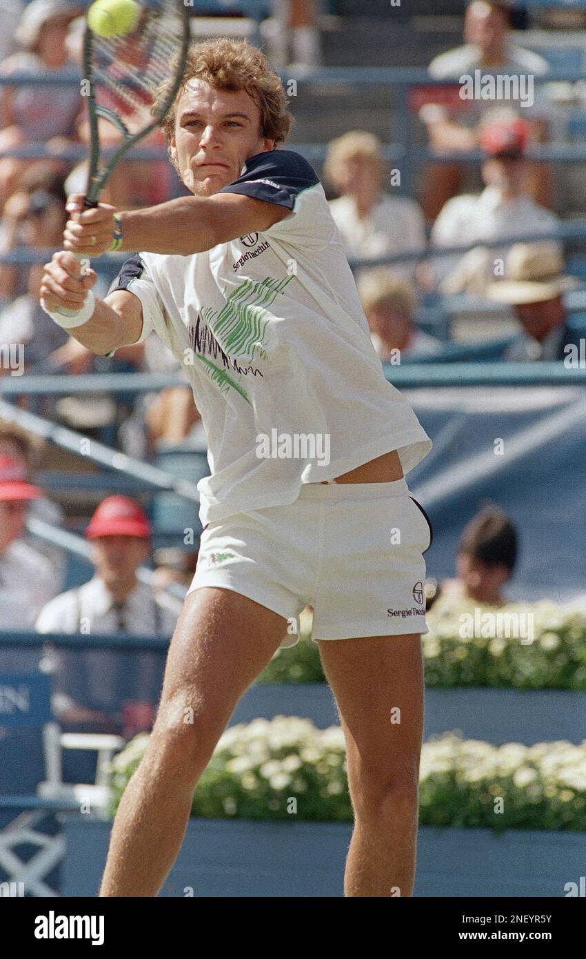 U.S. Open finalist Mats Wilander of Sweden pushes a forehand playing in ...