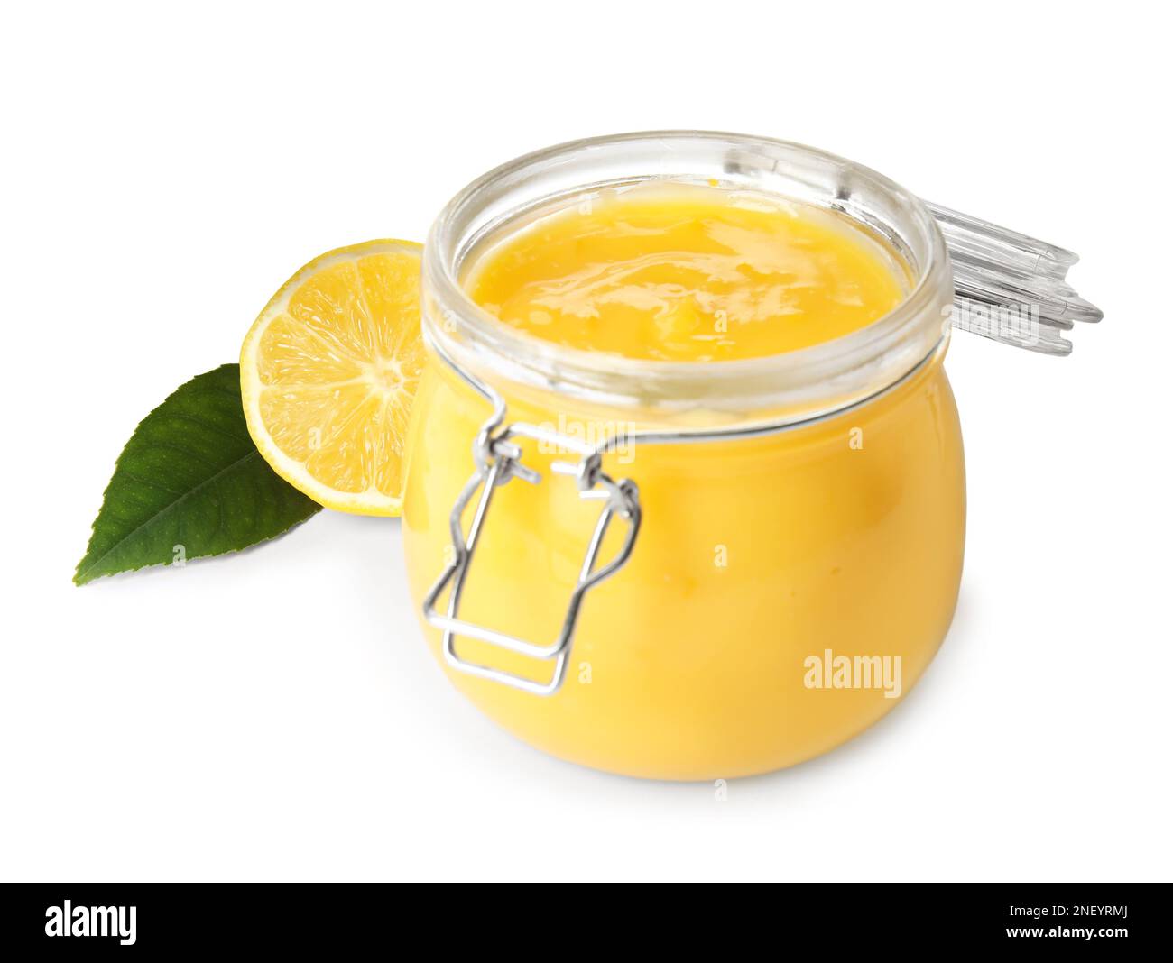 Delicious lemon curd, green leaf and fresh fruit on white background ...