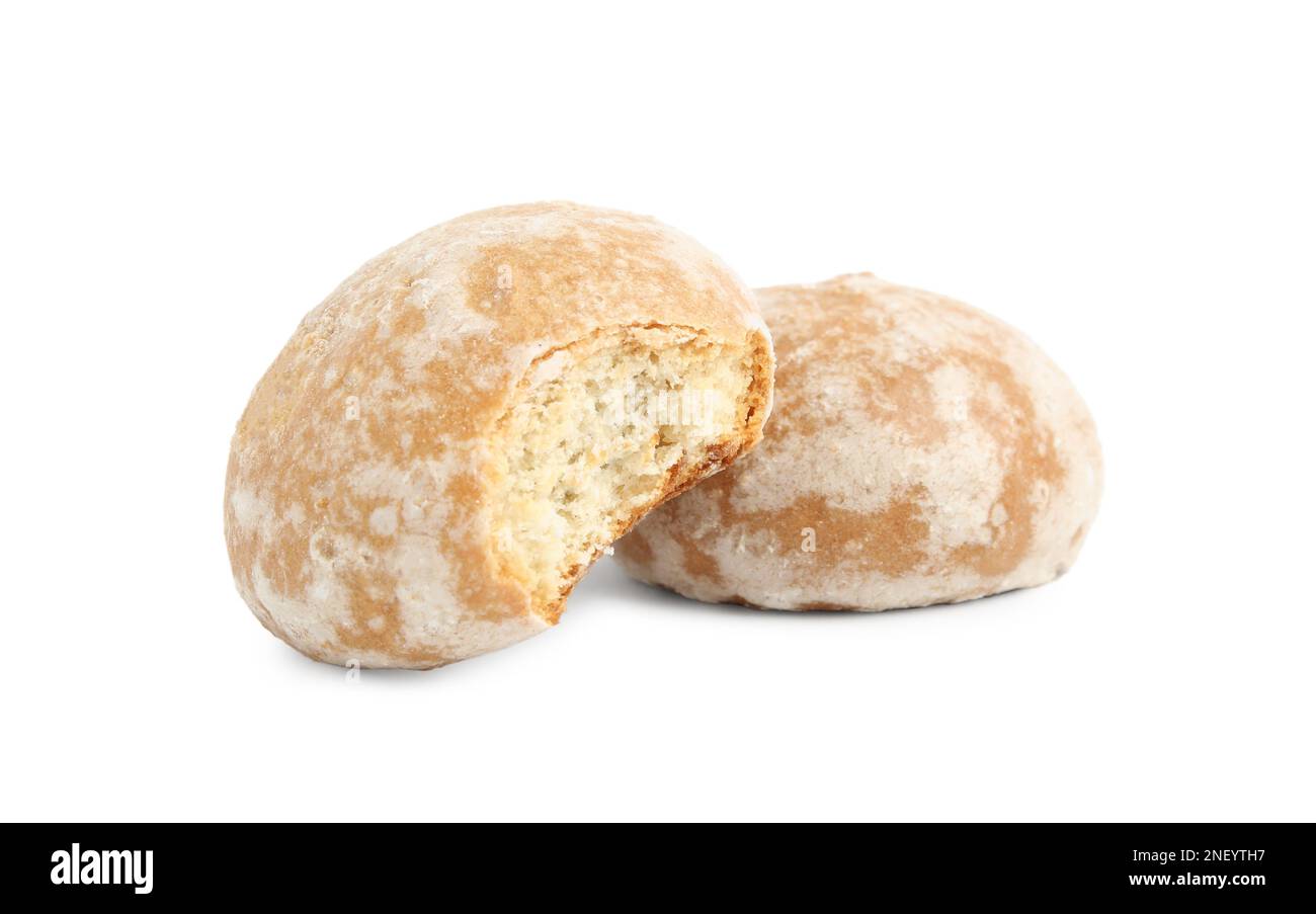 Tasty bitten and whole gingerbread cookies on white background Stock ...