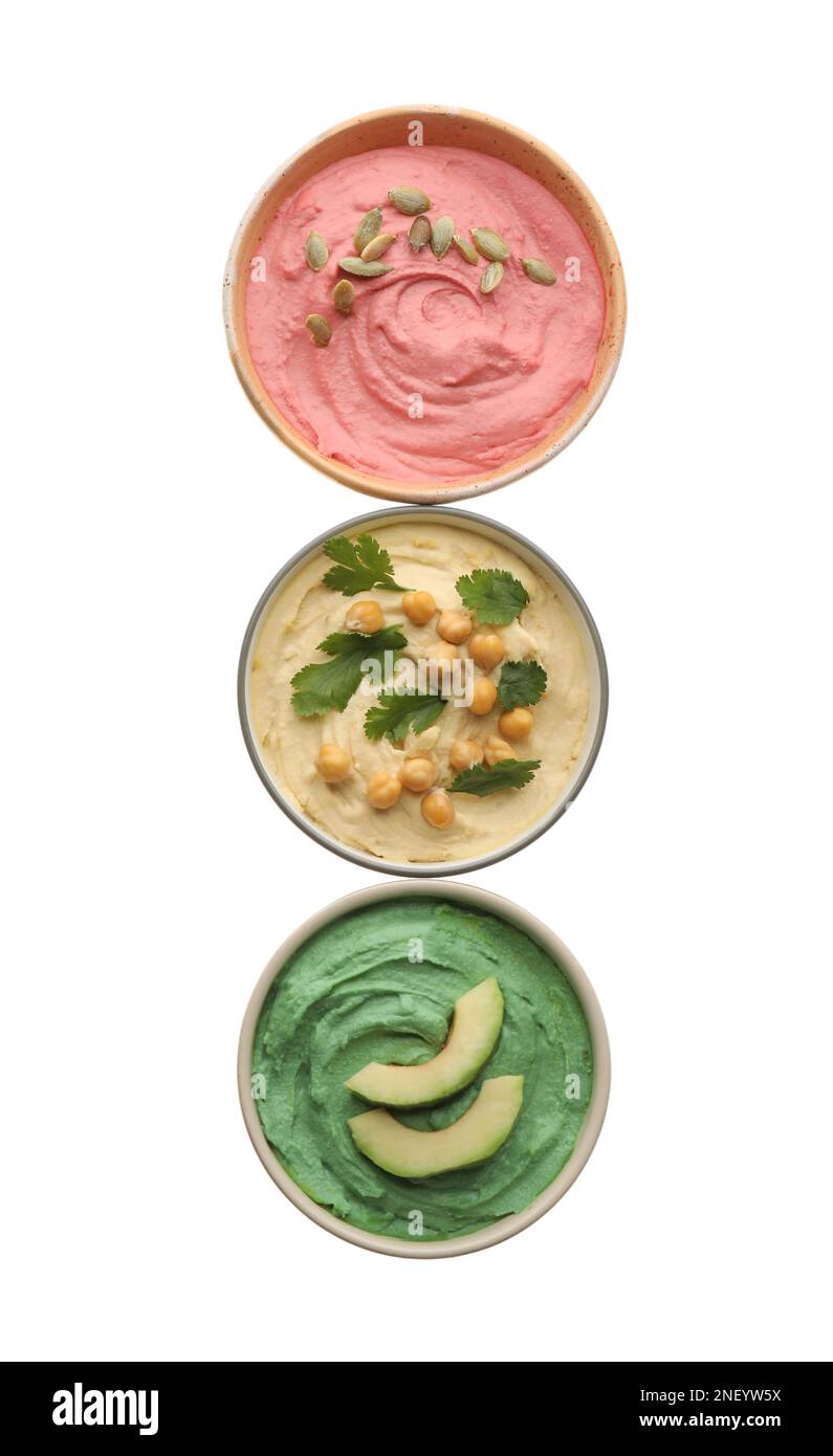 Different kinds of tasty hummus in bowls on white background, top view ...