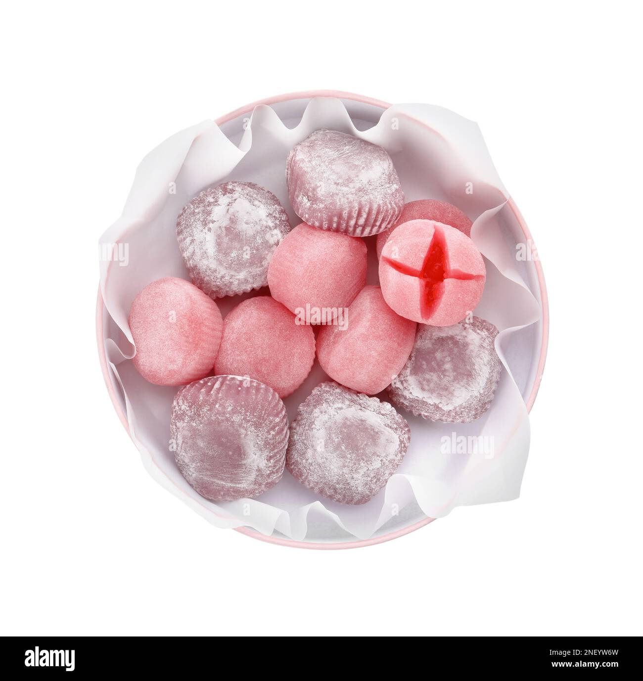 Many different delicious mochi in box on white background, top view ...
