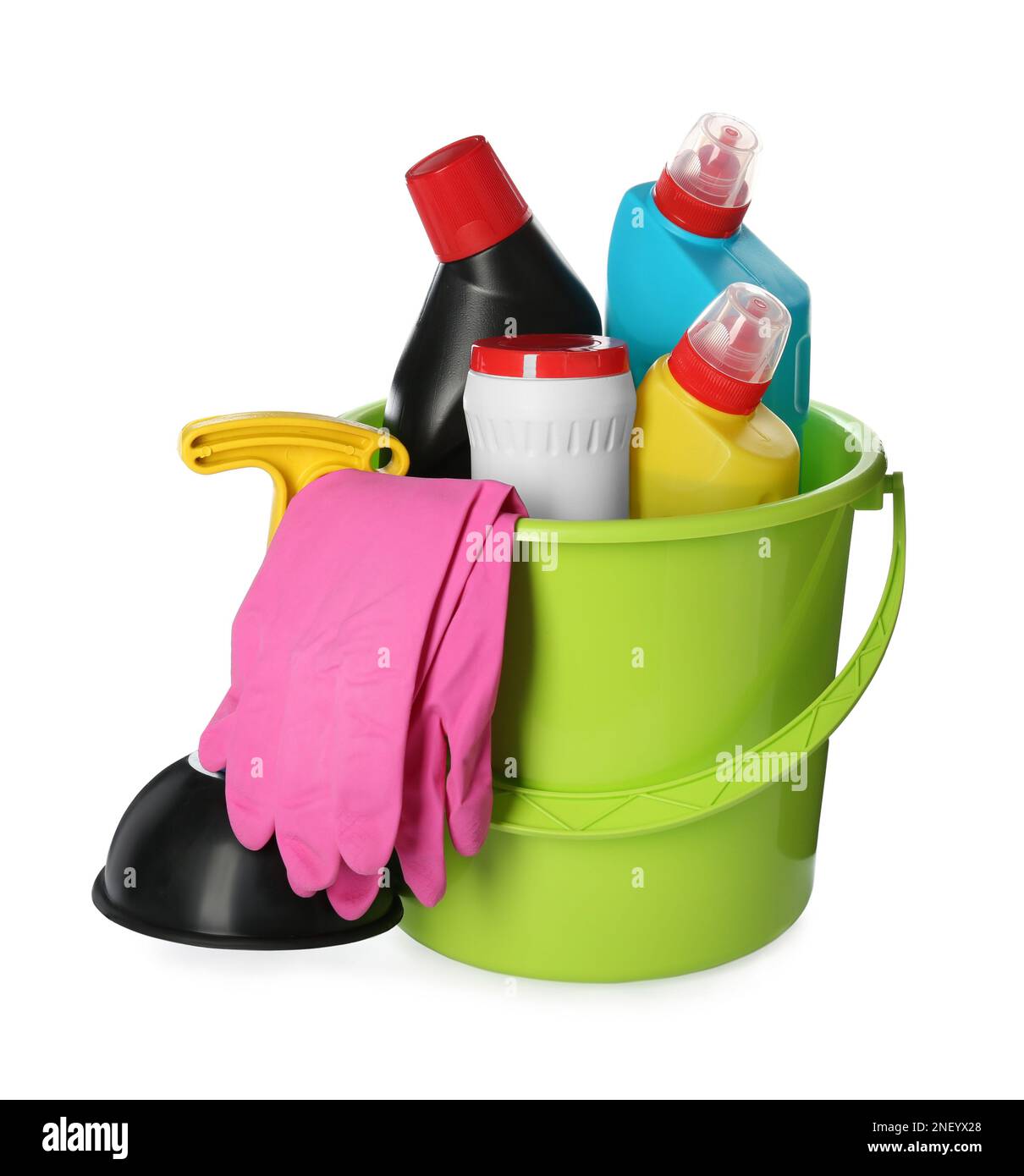 Bucket with different toilet cleaning tools on white background Stock ...