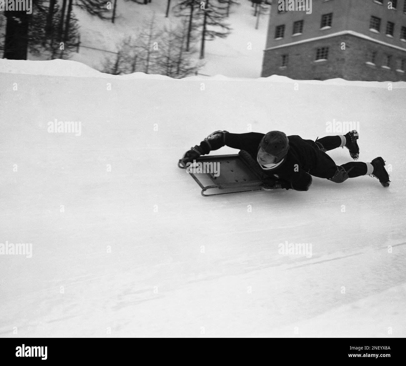 W.L. Martin of U.S.A. competing in the Olympic skeleton race held on ...