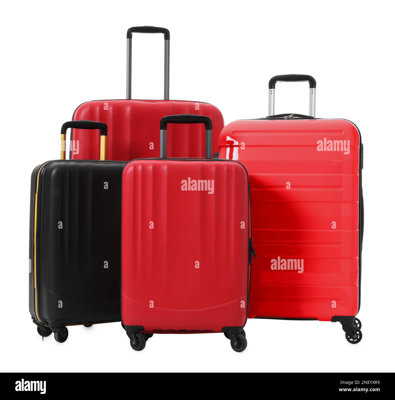 Modern suitcases for travelling on white background Stock Photo - Alamy
