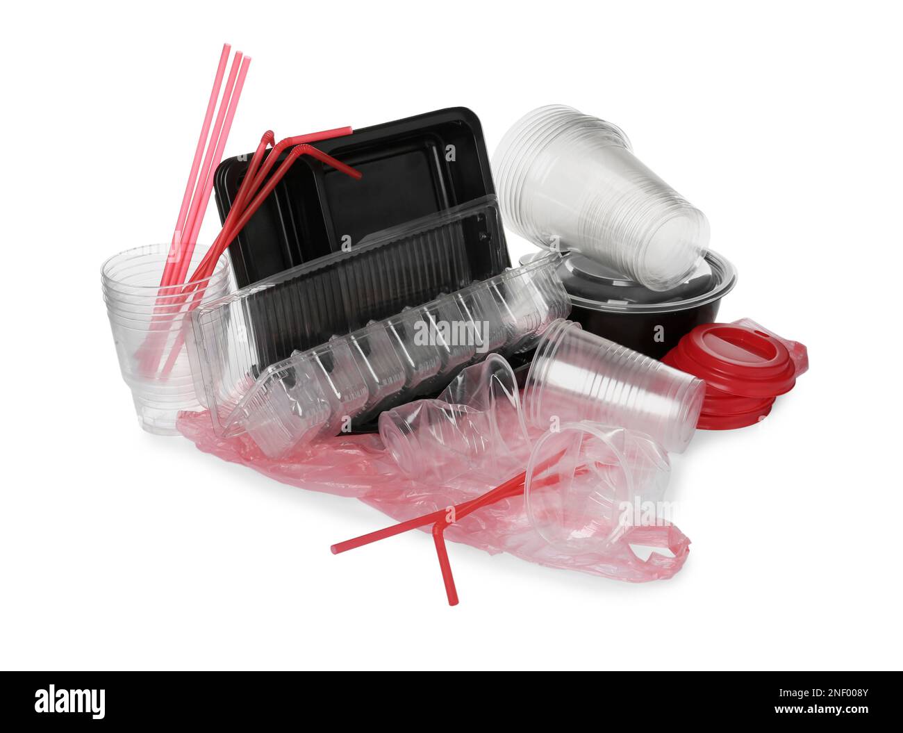Pile of different plastic items on white background Stock Photo - Alamy