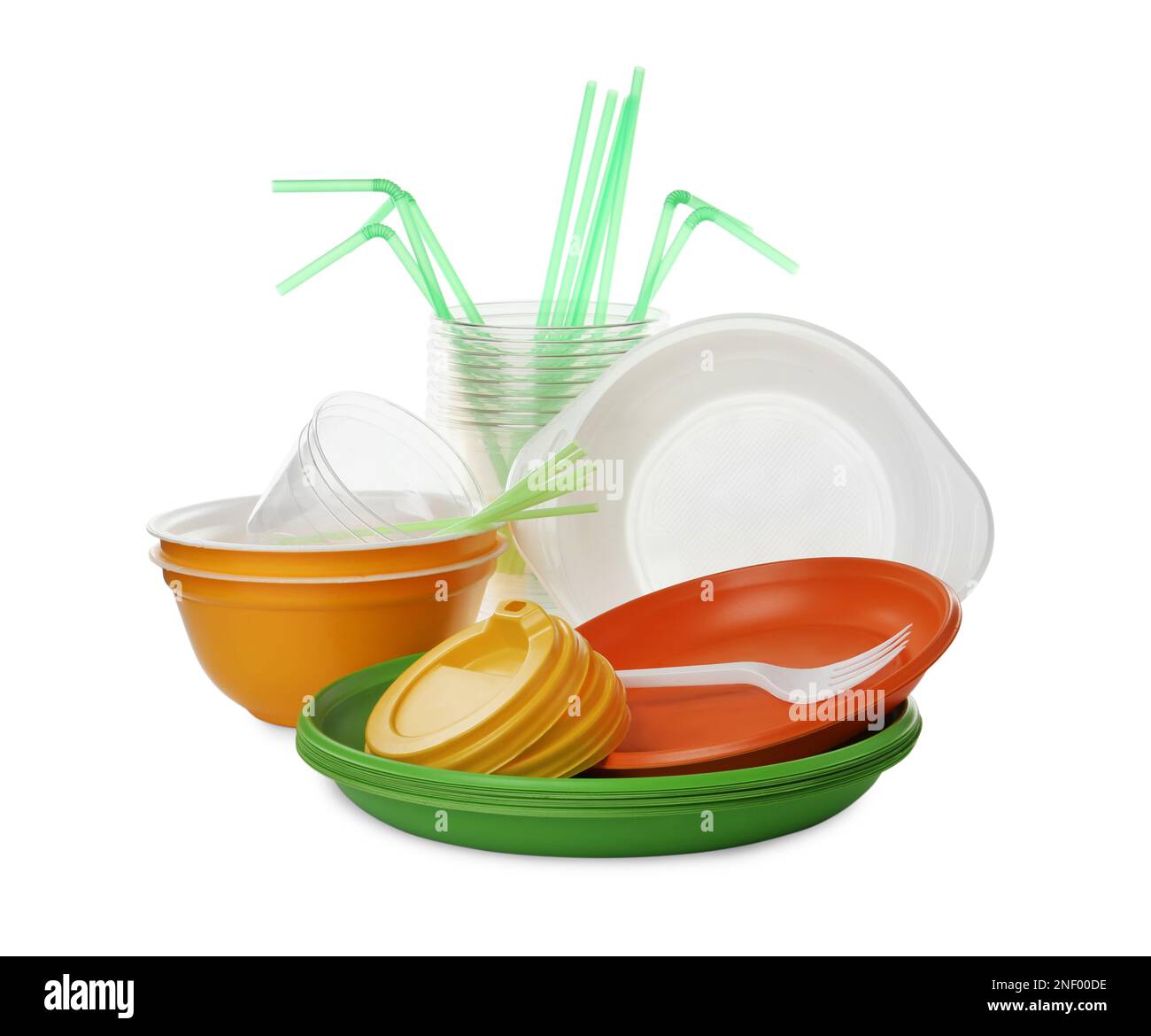 Pile of different plastic items on white background Stock Photo - Alamy