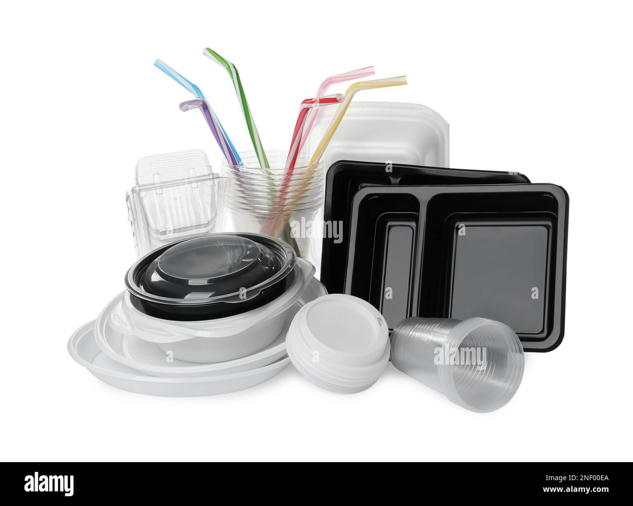 Pile of different plastic items on white background Stock Photo - Alamy