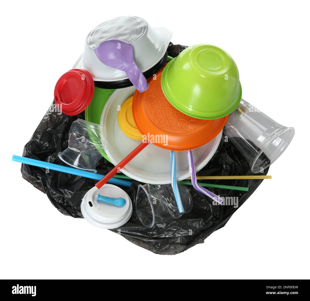 Pile of different plastic items on white background Stock Photo - Alamy