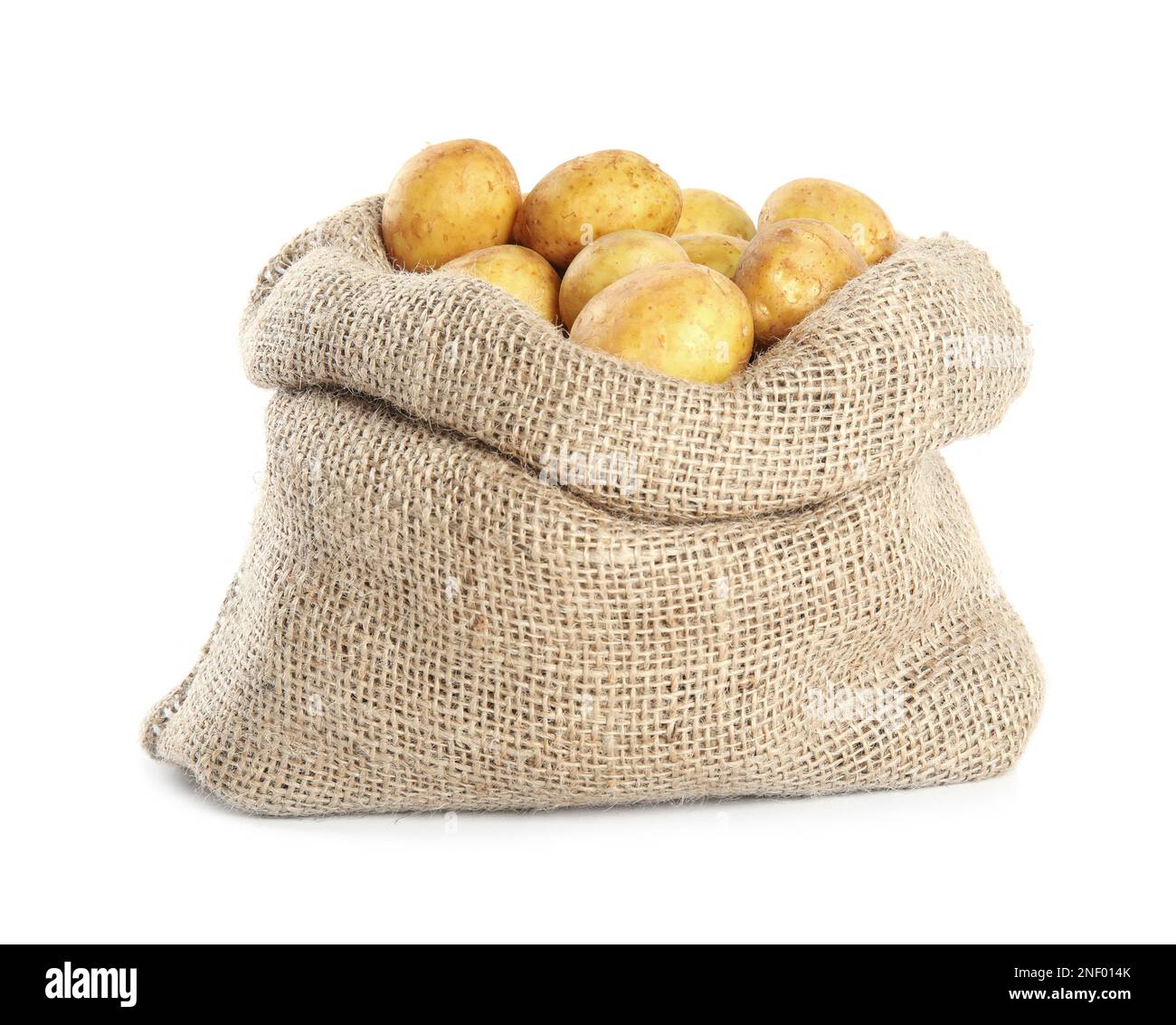 Raw fresh potatoes in sack isolated on white Stock Photo - Alamy