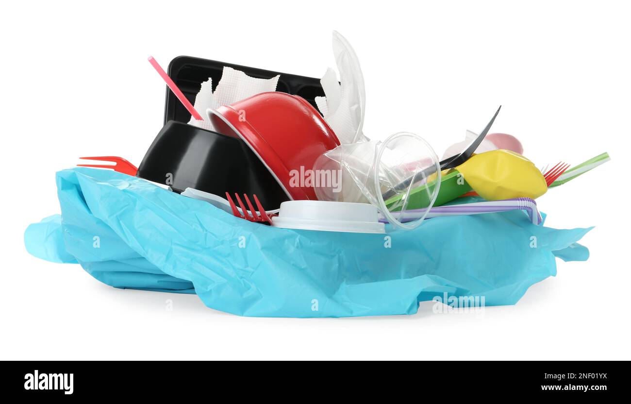 Pile of different plastic items on white background Stock Photo - Alamy