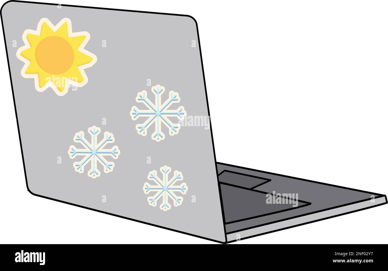 Isometric laptop with bright stickers on the cover of the sun and ...