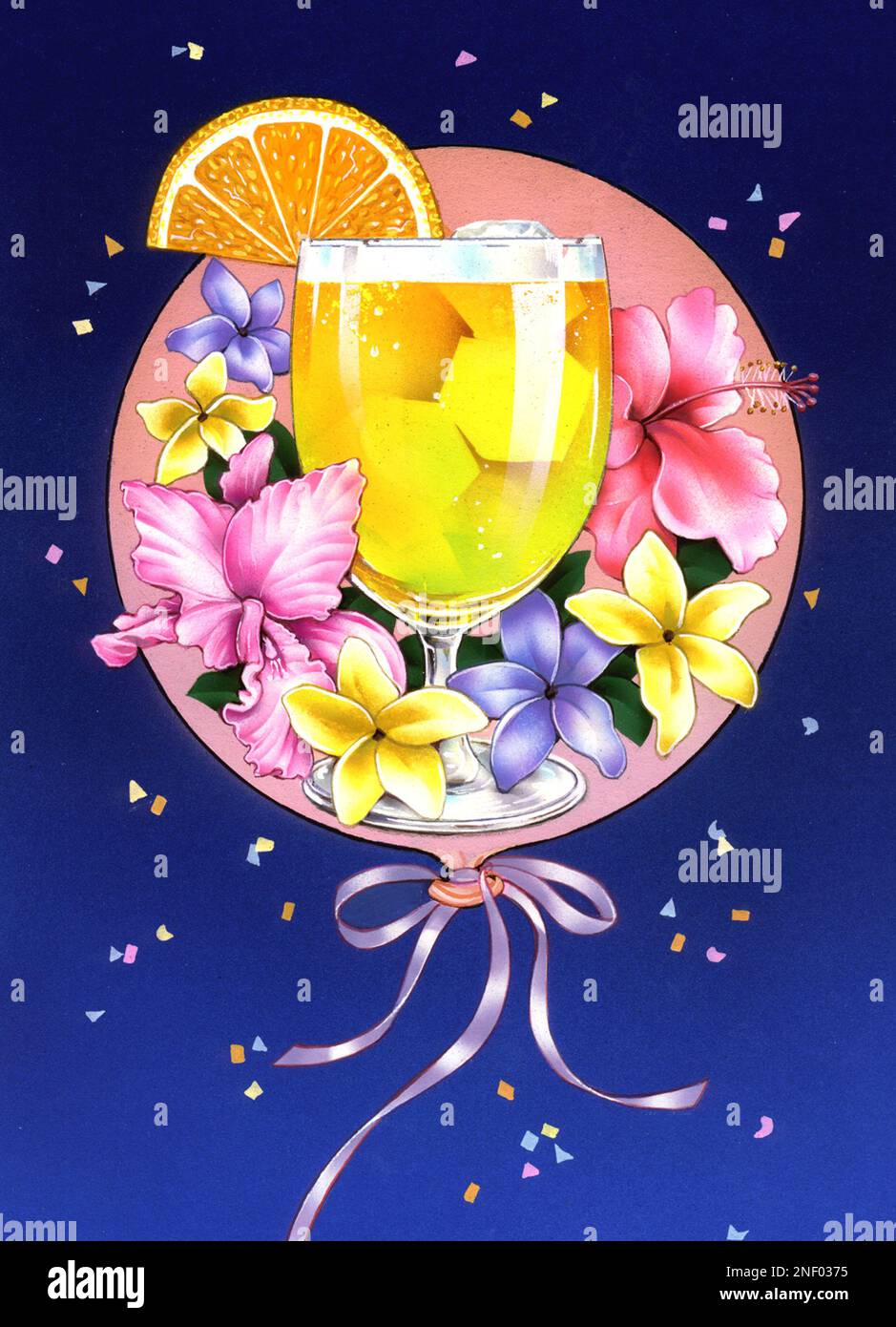 Flowers- tropical blooms with drink in festive party balloon on dark ...
