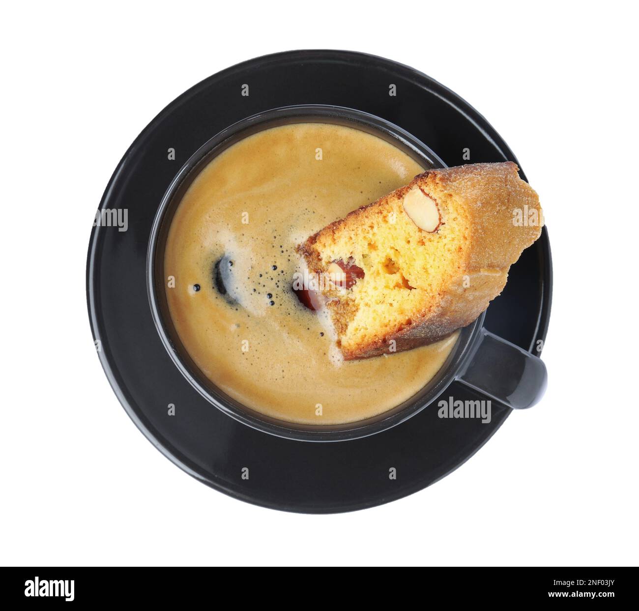 Tasty cantucci and cup of aromatic coffee on white background, top view ...