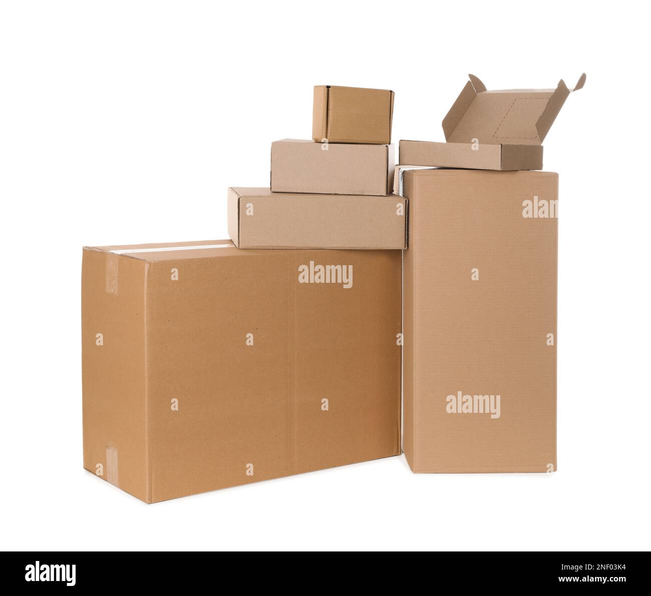 Pile of cardboard boxes on white background Stock Photo - Alamy