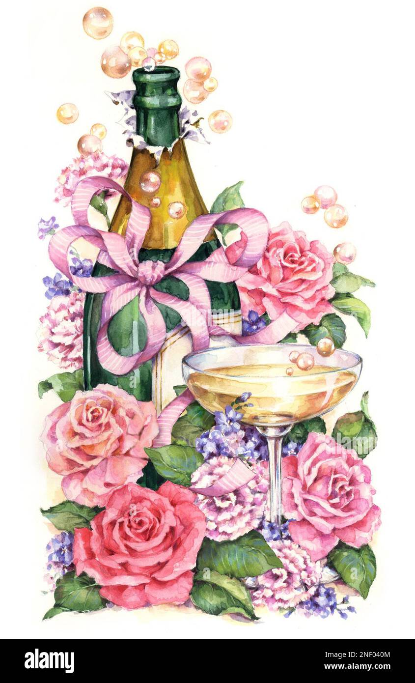 Flowers-roses champagne bottle & glass bubbles & pink ribbon on white ...