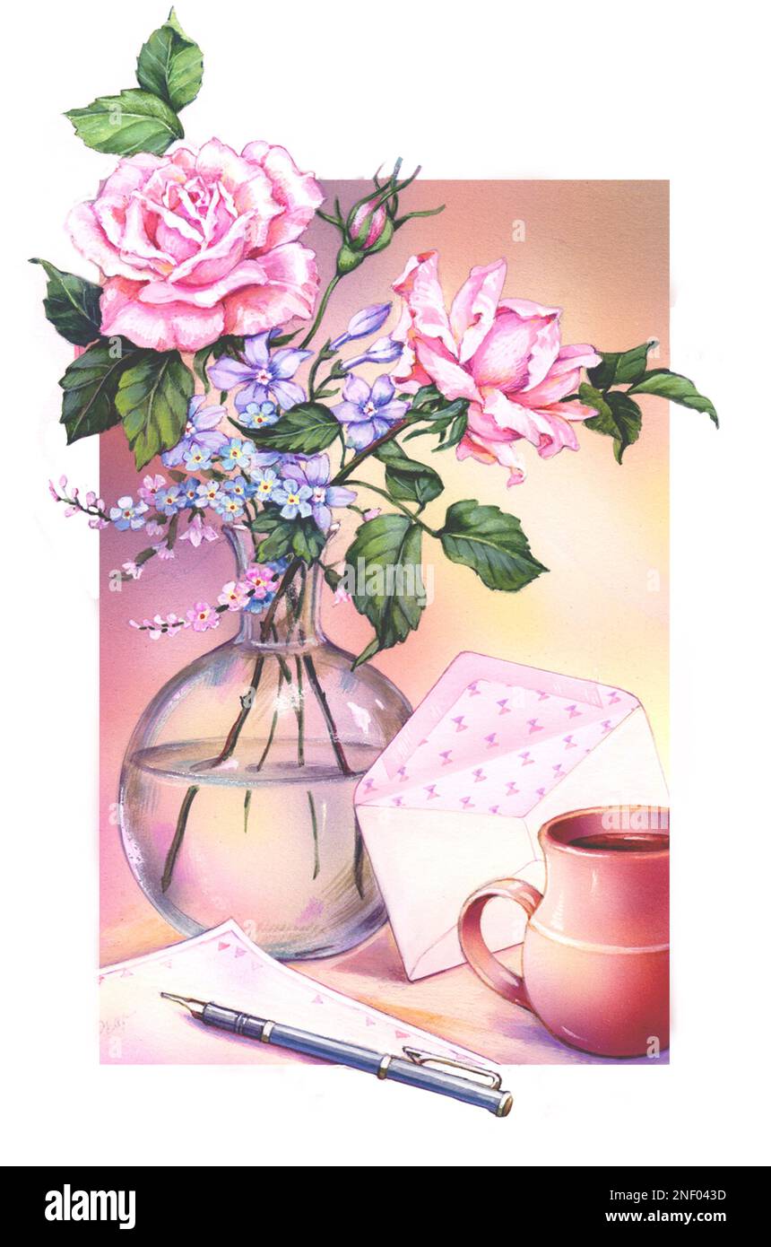 Flowers-roses in glass vasewith pen & stationery & mug on warm color ...