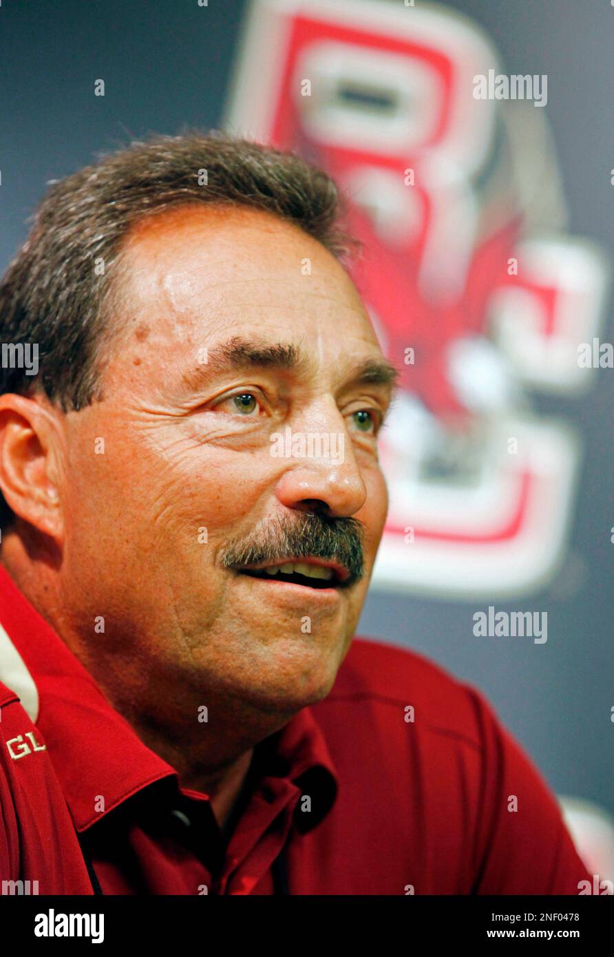 Boston College head coach Frank Spaziani talks with reporters during ...