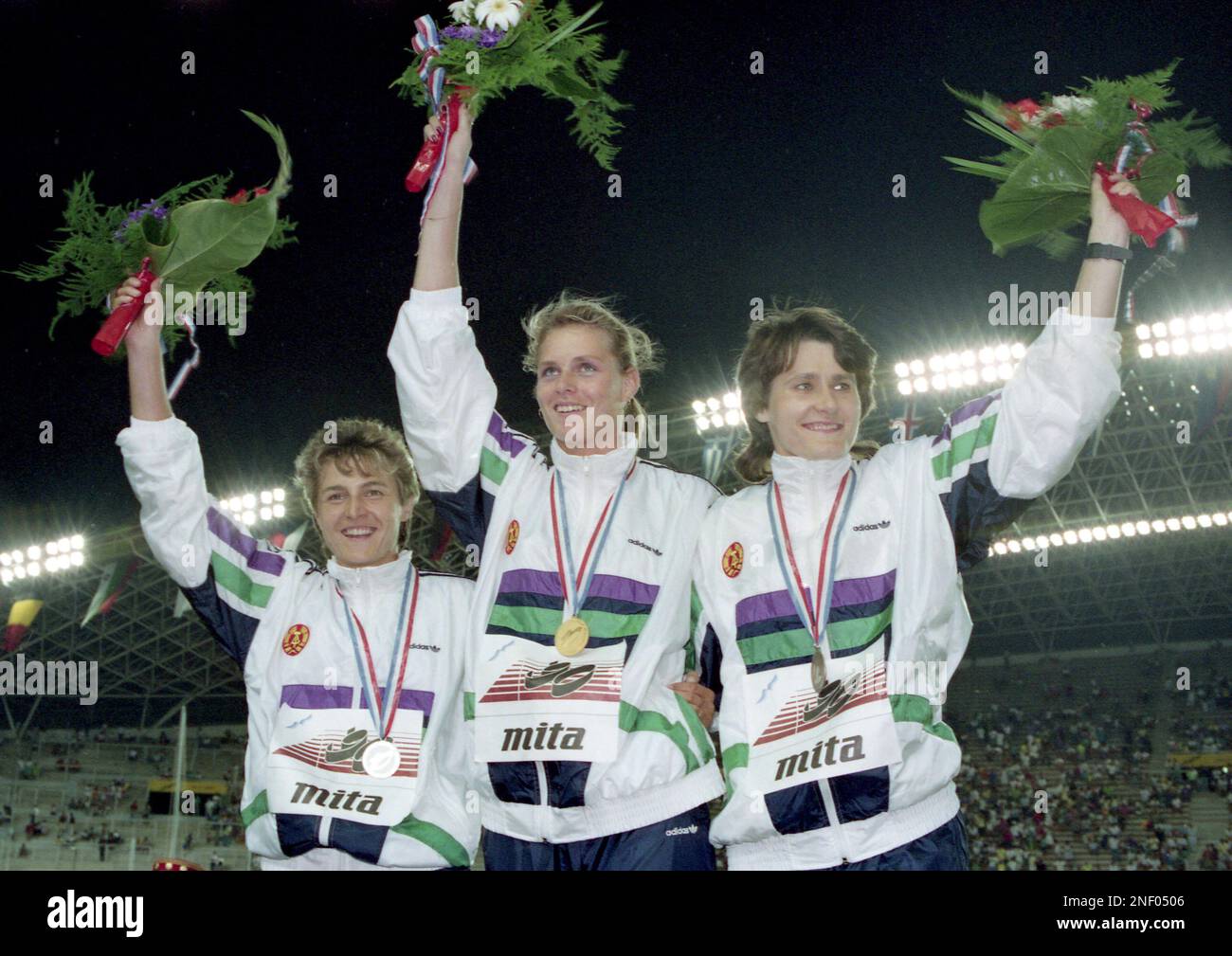 Three East German sprinters Katrin Krabbe (1st), center, Silke Moeller ...