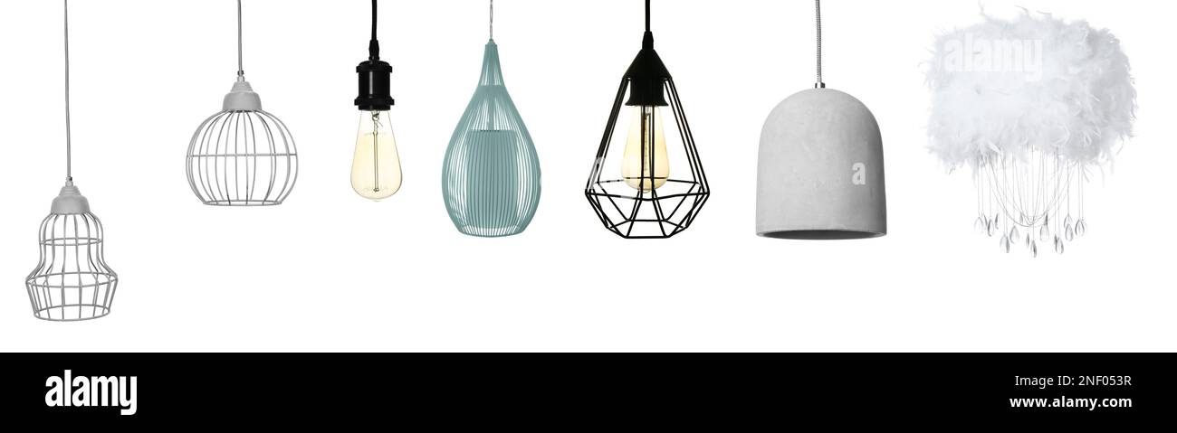 Set with stylish lamps hanging on white background. Banner design Stock ...
